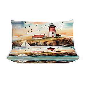 MSSHUKYTT Modern Watercolor Nautical Lighthouse Twin Size Comforter Cover Sets 3 Piece,Rustic Abstract Tropical Island Cabin Seagull Sailboat Waves Duvet Cover Set 2 Pillowcases(No Insert)