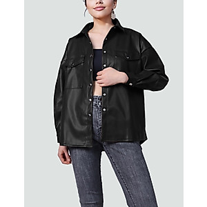 SeekMe Women's PU Leather Jacket Shacket Button Down Lapel Blazer Coat with Bust Pocket(0545-Black-L-QB)