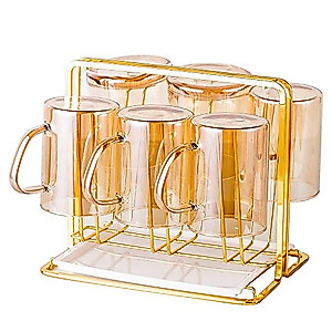 YISMAN Metal Cup Drying Rack with 6 Hooks, Bottle Drying Rack with Drain Tray,Coffee Mug Holder,Mug Organizer Golden