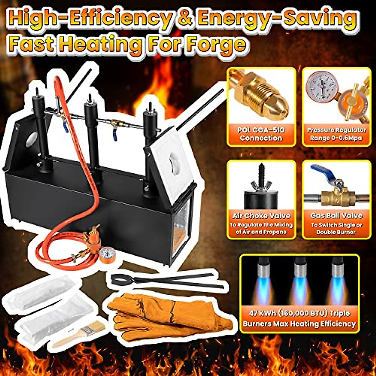 Triple Burners Portable Propane Gas Forge Three Burners 2600°F/1425℃ Large Capacity Square Forging Furnace for Blacksmithing Farrier Knife Tool Making Equipment with Tong & Gloves