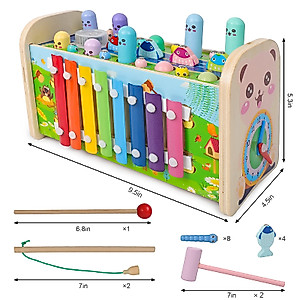 Rabing Wooden Pounding Bench ，8-in-1 Wooden Musical Hammer Toy with Xylophone ，Montessori Learning Toys with Wooden Hammer ，Wooden Activity Cubes,Music Education Puzzle Games Toys for Toddlers 1-3