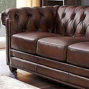 Hydeline Stanwood Top Grain Leather Sofa Couch, 89'', Caramel Brown