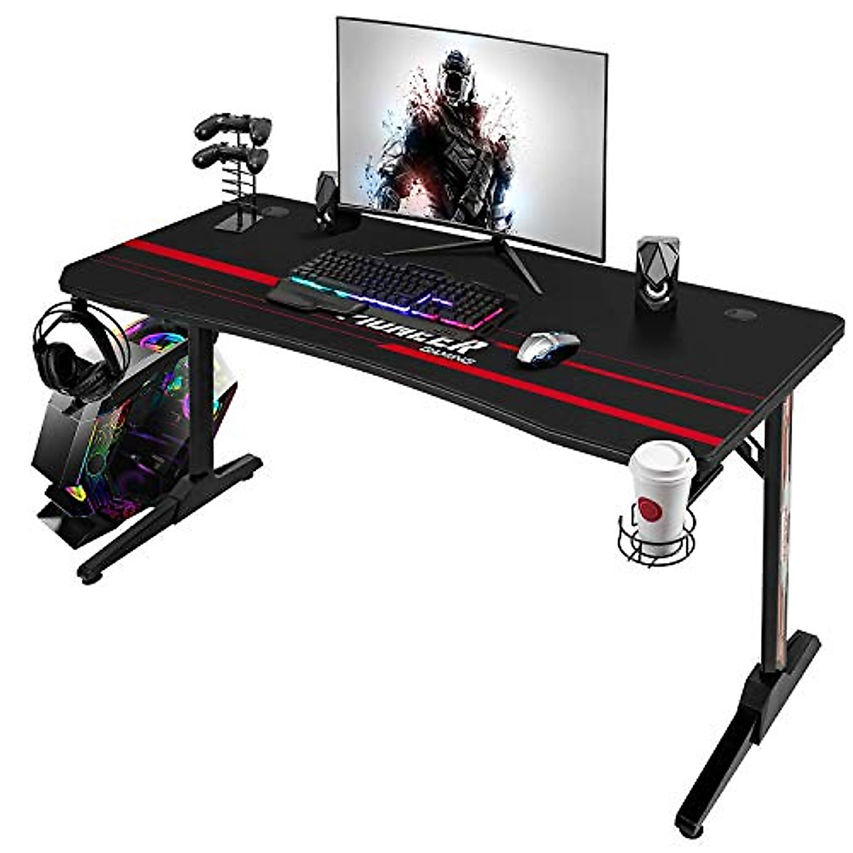 Devoko 44 Inch Gaming Desk T-Shaped PC Computer Table with Free Mouse Pad Carbon Fibre Surface Home Office Desk Gamer Table with Game Handle Rack Headphone Hook and Cup Holder (Black)