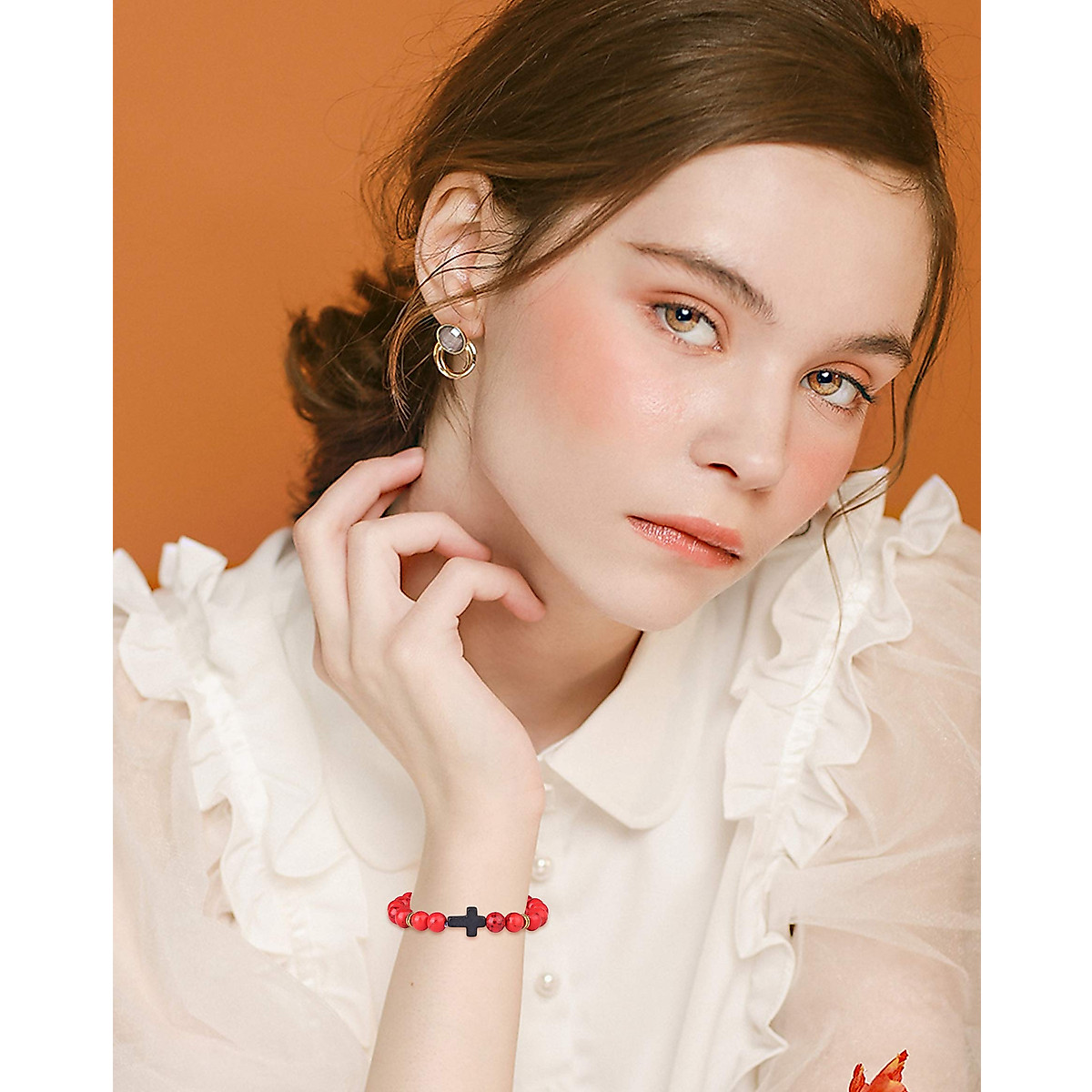 YADOCA 8 Pcs 8MM Beads Bracelet for Men Women Lava Rock Tiger Eye Stone Howlite Natural Stone Stretch Elastic Cross Bracelet Set