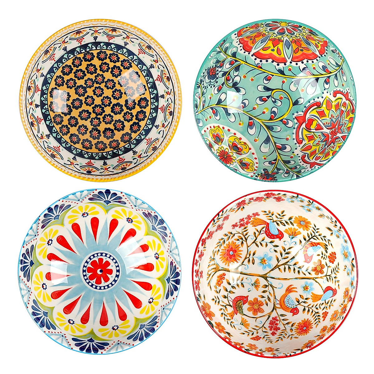 HSOFBLUES Soup Bowls 24 oz Ceramic Floral Bowl Set of 4 for Soup Salad Ramen Rice, Assorted Vibrant Colors Microwave Dishwasher Safe