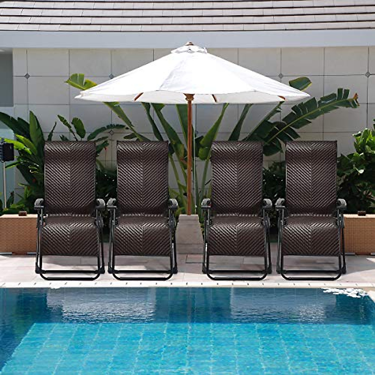 Tangkula 2 PCS Rattan Zero Gravity Chair, Outdoor Adjustable Folding Lounge Chair with Widened Armrest & Locking System, Heavy Duty Wicker Chaise Folding Recliner for Pool, Patio, Beach, Yard (2)