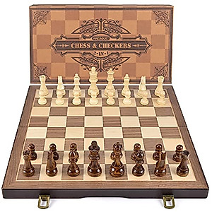 AMEROUS Magnetic Wooden Chess and Checkers Game Set, 15 Inches (2 in 1) Chess Board Games, 2 Extra Queens - Gift Package - Game Pieces Storage Slots, Beginner Chess Set for Kids, Adults