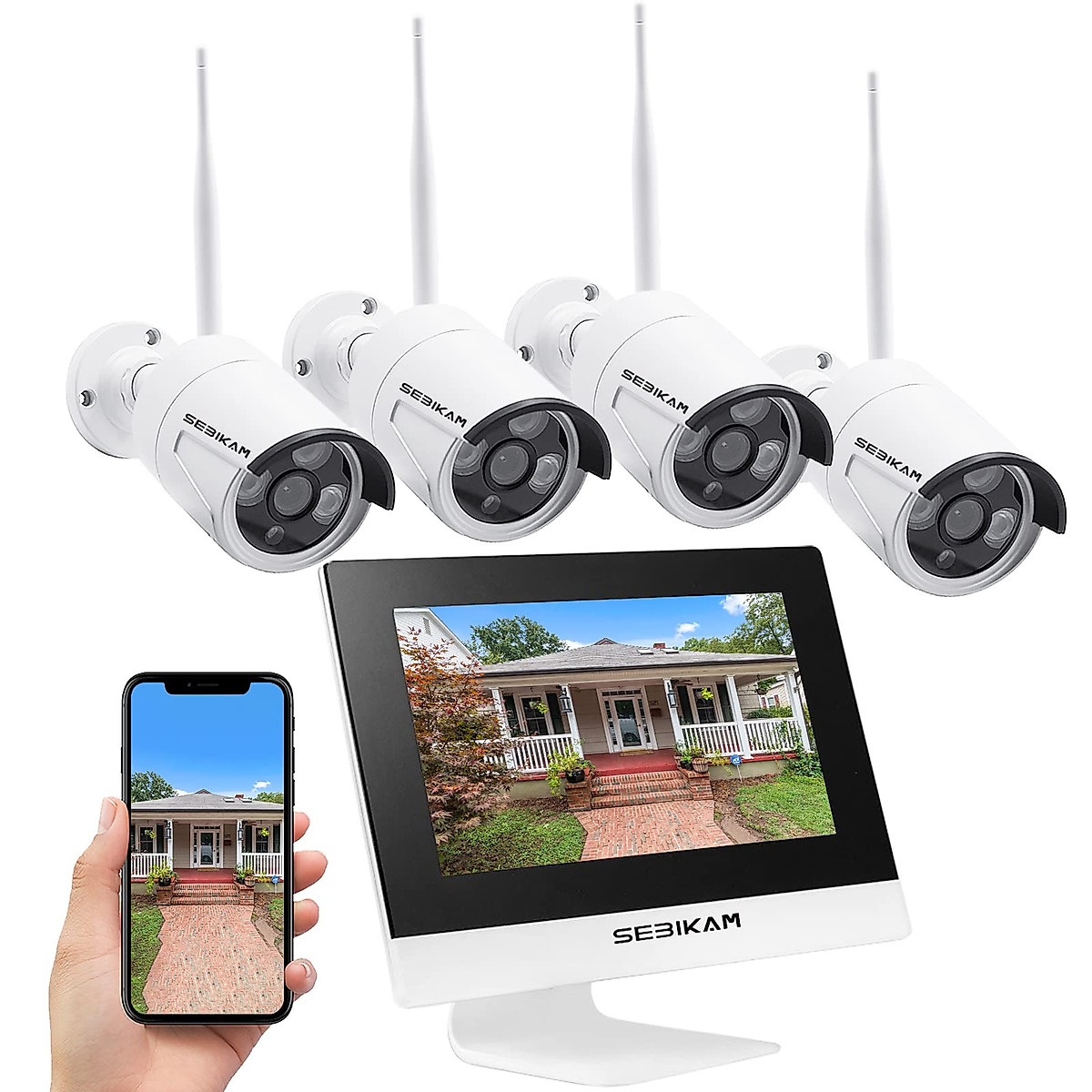 SEBIKAM Wireless Security Camera System with 10.1" HD Monitor, 10CH Expandable Home Surveillance System, IP66 Weatherproof 4pcs 2K/3MP Indoor Outdoor Cameras, Night Vision, Motion Detection (No HDD)