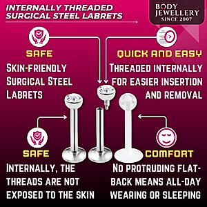 bodyjewellery 3pcs 16g 5/16 Labret Stud Lip Ring Snake Bite Conch Forward Helix Monroe Tragus Dahlia Marilyn Internally Threaded - Clear