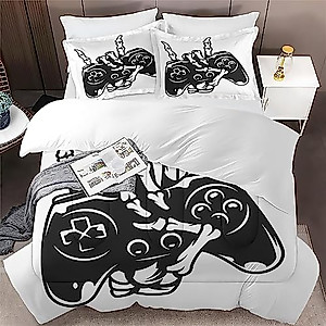 Comforter Set King Size, Vintage Gaming Skeleton Rock Soft Quilt for Kids and Adults, Retro Wireless Gamepad Bedding Set with 2 Pillowcases for Bedroom Bed Decor