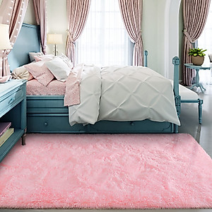 Prabia Super Soft Fluffy Shaggy Rugs 4x5.9 Feet for Living Room Bedroom, Fuzzy Plush Area Rugs for Girls Kids Room Nursery Home Decor, Furry Dorm Rug Cute Non-Slip Indoor Floor Carpet, Baby Pink