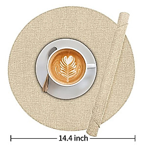 Senneny Round Burlap Placemats Set of 6, Reversible Burlap Jute Place Mats Set for Round Tables, Rustic Farmhouse Decoration for Fall Christmas Holiday Table Home, Light Linen