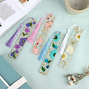 Kavoc 4 Pieces Flower Acrylic Bookmarks Book Page Holder Floral Bookmarks with Colorful Tassels Thumb Ring Page Holder Transparent Page Holders for Reading Students Teachers (Blue/Purple)