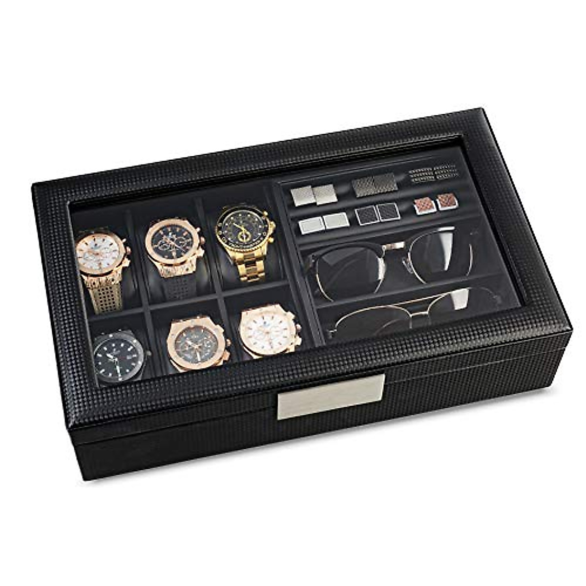 Glenor Co Valet Jewelry Box for Men - Holds 6 Watches, 12 cufflinks, 2 Sunglasses & Tray Storage - Mens Watch Case - CarbonFiber Organizer w Metal Accents, PU Leather & Large Glass Lid - Black
