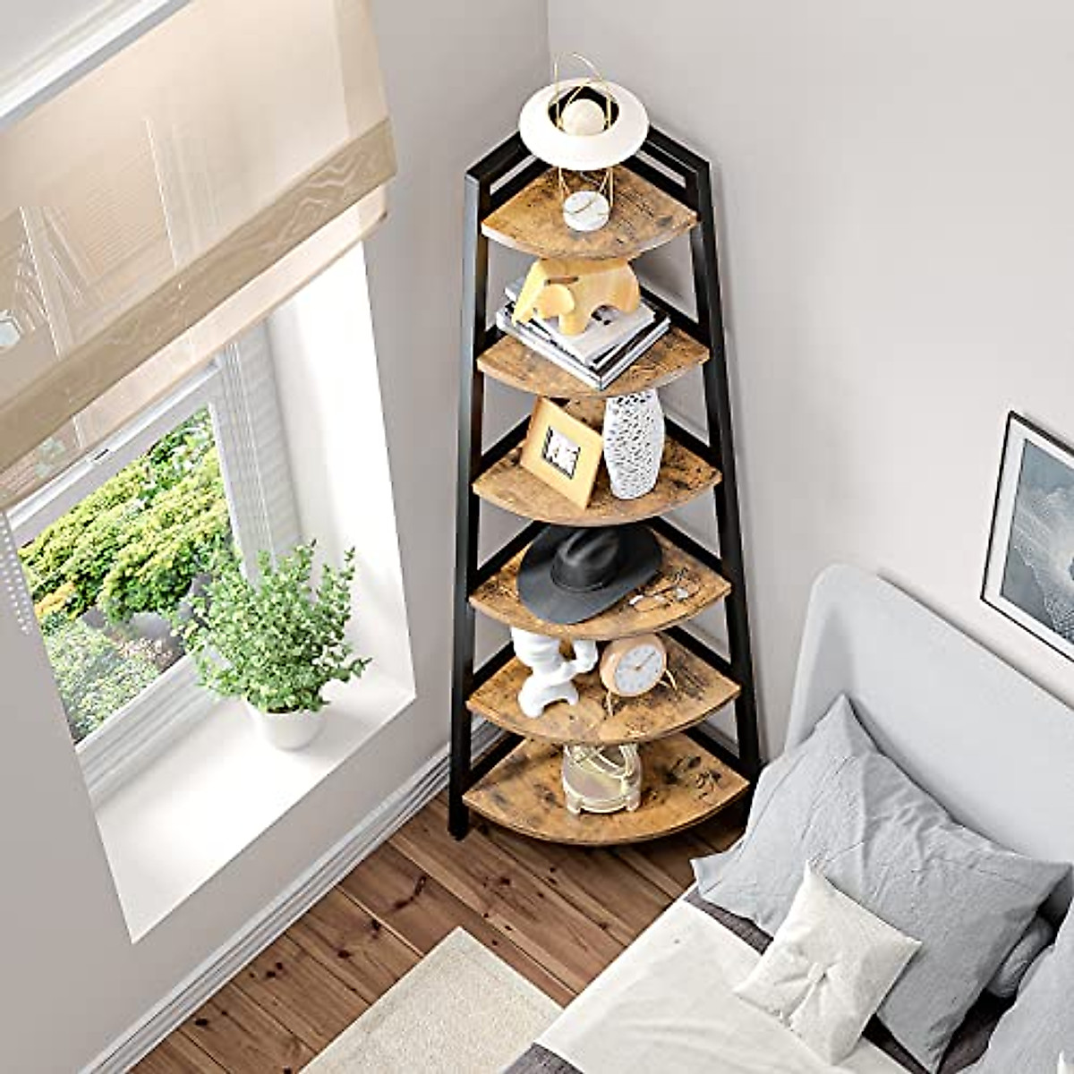 Lulive 6 Tier Corner Shelf, 68.9" Industrial Tall Corner Ladder Shelf Stand, Corner Bookshelf Bookcase for Living Room, Home Office, Balcony, Small Space