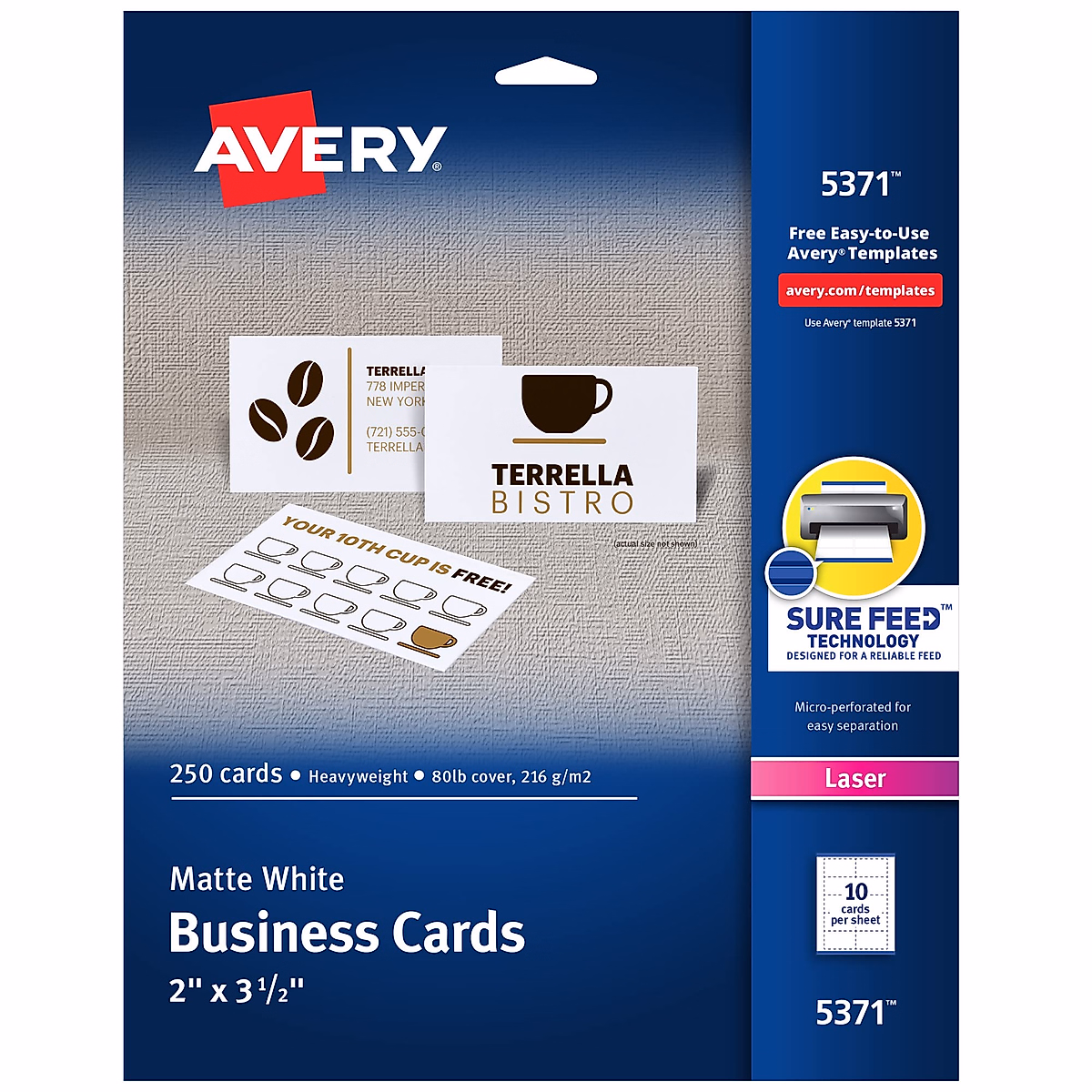 Avery Printable Business Cards, Laser Printers, 250 Cards, 2 x 3.5 (5371) & Easy Peel Printable Address Labels with Sure Feed, 1" x 2-5/8", White, 750 Blank Mailing Labels (08160)