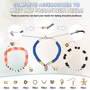 QUEFE 10500pcs, 42 Colors Clay Beads for Bracelet Making with Letter Smiley Face Peace Beads Different Charms Pendants, Polymer Heishi Beads Kit with Elastic Strings for DIY Craft Jewelry