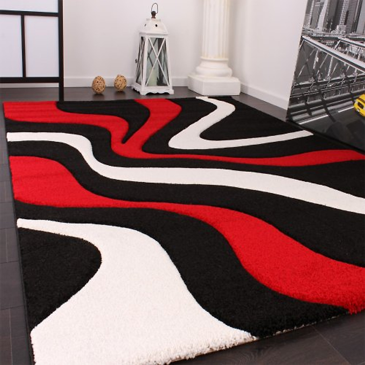 Red Black White Area Rug with Contour Cut and Modern Wave Pattern, Size: 6'7" x 9'6"