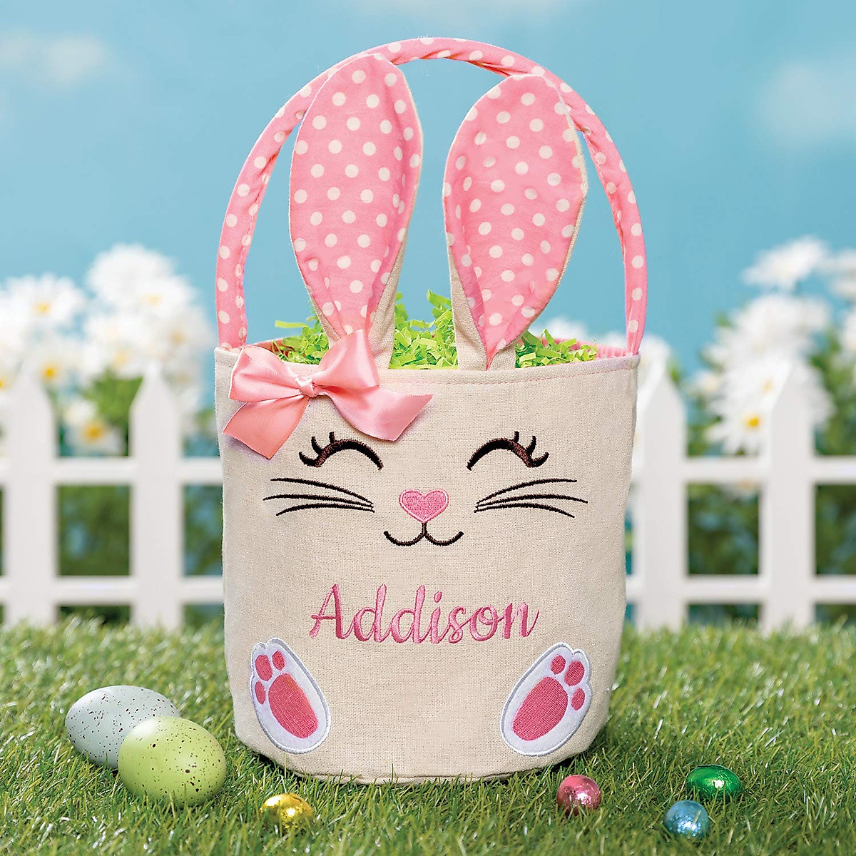 Personalized Bunny Ears Bucket Bag with Custom Name | Pink Polka Dot Liner Easter Bag with Handle | Soft Egg Basket for Kids | Customized Easter Basket | Great for Book and Toy Storage