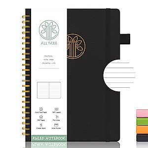 Alltree Lined Journal Notebook, Spiral Notebook for Work, Leather Hardcover Spiral Notebook with Tabs, Pen Loop, Pocket, Stickers, 160 Pages, Journal for Women & Men, Black(6"x8.5")