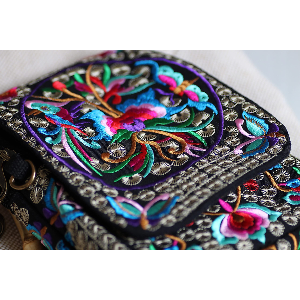 Canvas Crossbody Bag Cell phone Pouch Coin Purse for Women Embroidery Retro (flower)