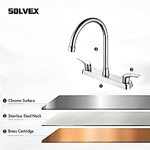 SOLVEX 2 Handle Kitchen Sink Faucet, High Arc 360 Swivel Stainless Steel Pipe 3 Hole Kitchen Faucet, Commercial Modern Chrome Kitchen Sink Faucet, US-SP-80066