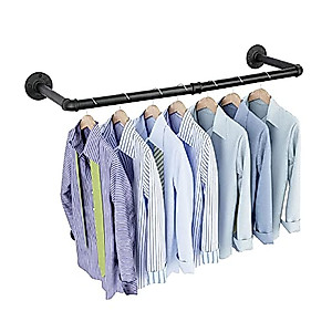 OROPY Industrial Pipe Clothing Rack 38.4", Heavy Duty Detachable Wall Mounted Clothes Rack Black Iron Garment Bar, Multi-purpose Hanging Rod for Closet Storage, Black (Two Base)