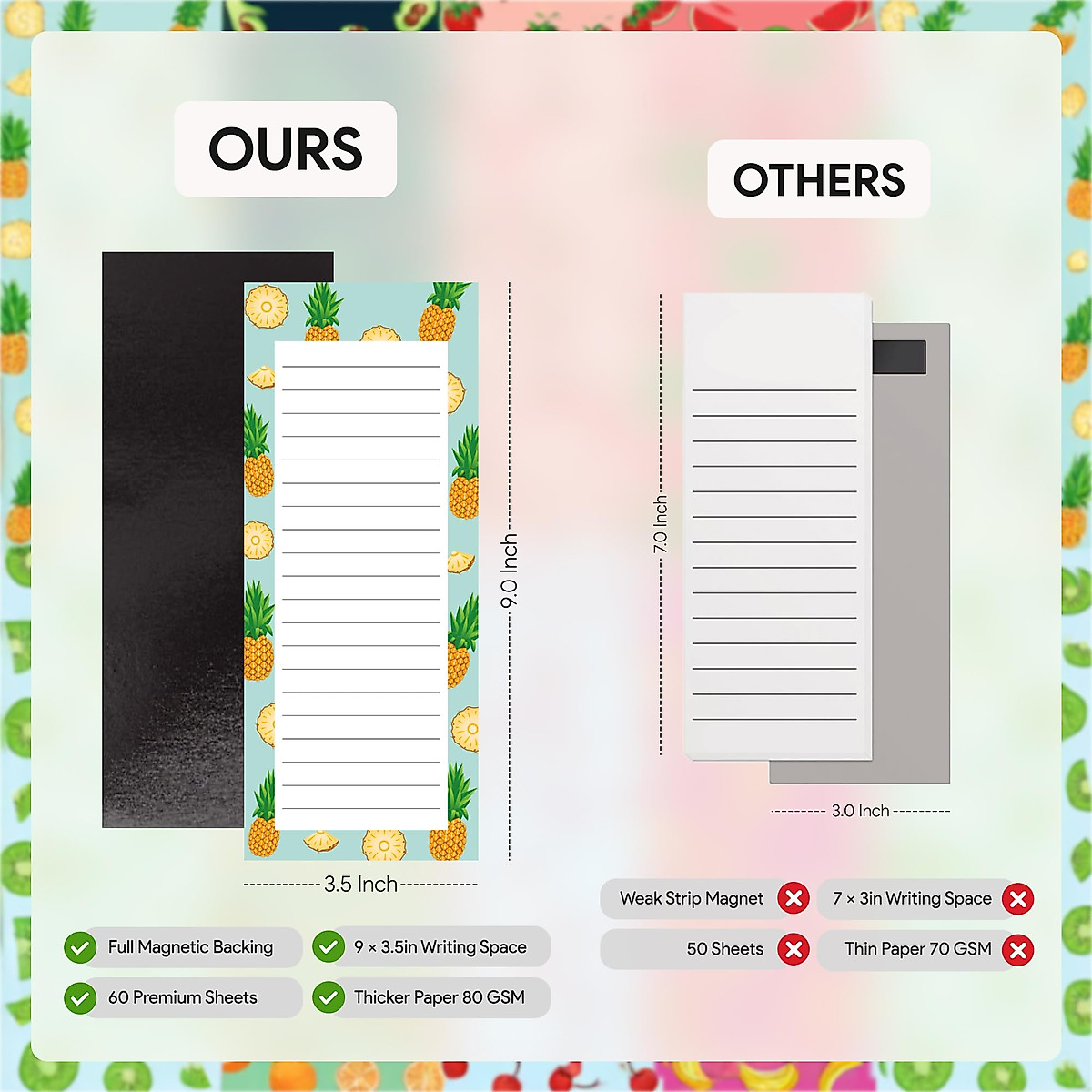 8 Magnetic Notepads - Large Notepads for Grocery List, Shopping List, To-Do List, Reminders, Recipes -Magnetic Back- Memo Notepad with Realistic Fruit Designs | 60 Sheets per Pad 9 x 3.5 inch (8 Pack)