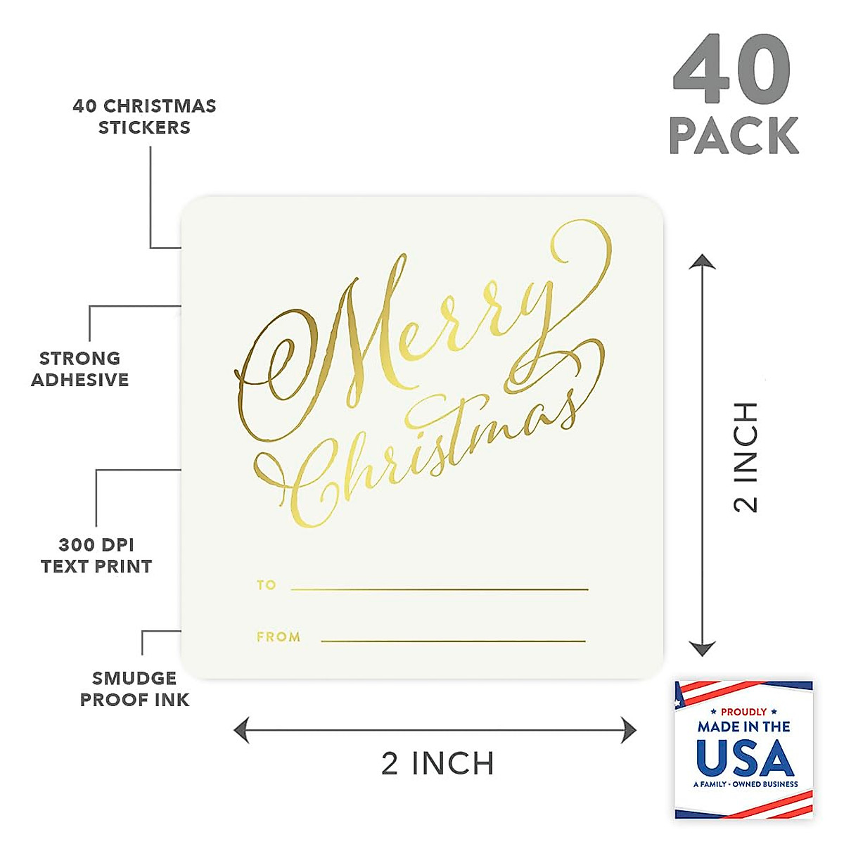 Andaz Press Christmas Collection, Square Gift Label Stickers, Stylized Merry Christmas to from, Metallic Gold Ink, 40-Pack Gold Christmas Tags Christmas Name Tags Stickers Christmas Sticker Tags