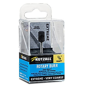 Kutzall Extreme Cylinder Burr, 1⁄8" Shaft, Very Coarse - Woodworking Attachment for Dremel, Foredom, DeWalt, Milwaukee. Abrasive Tungsten Carbide, 1⁄4" (6.3mm) Dia. X 1⁄2" (12.7mm) Length, CX-14-EC