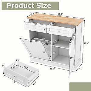 LOKO Kitchen Tilt Out Trash Cabinet, Modern Trash Cabinet with 2 Drawers & Adjustable Shelf, Pet Proof Trash Can Cabinet with Rubber Wood Tabletop, Ideal for Living Room, Dining Room (White)