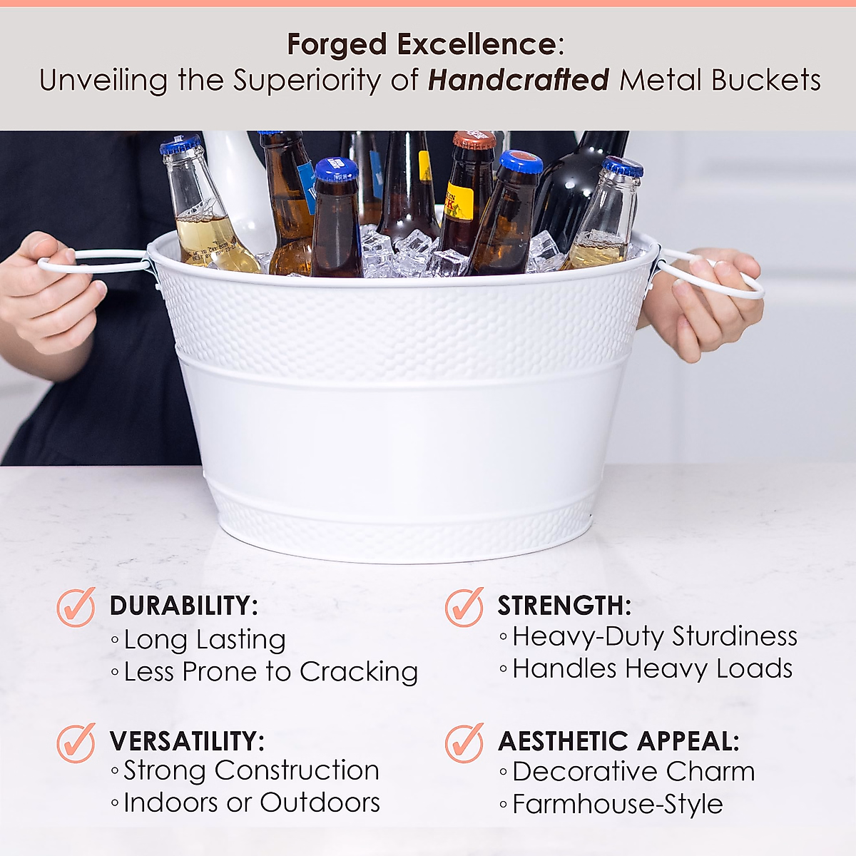 BREKX White Galvanized Beverage Bucket and Wine Bucket Chiller for Parties, Leak & Rust Resistant, Sealed, Large Ice Bucket for Cocktail Bar, 12-Quart / 4 Gallon Bucket