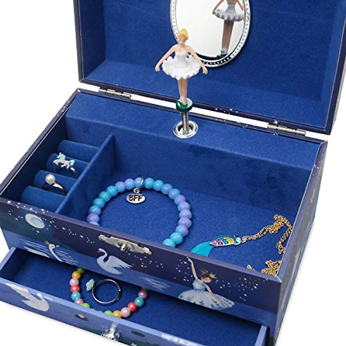Jewelkeeper Girl's Ballerina Musical Jewelry Storage Box with Pullout Drawer, Glitter Design, Swan Lake Tune
