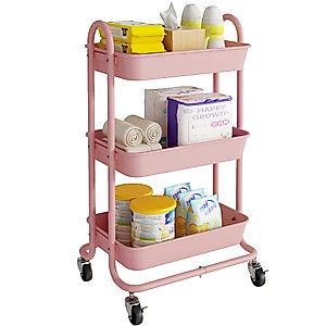 MIOCASA 3-Tier Metal Utility Rolling Cart, Heavy Duty Multifunction Cart with Lockable Casters, Easy to Assemble, Suitable for Office, Bathroom, Kitchen, Garden (Pink) (Metal&Plastic&Pink)
