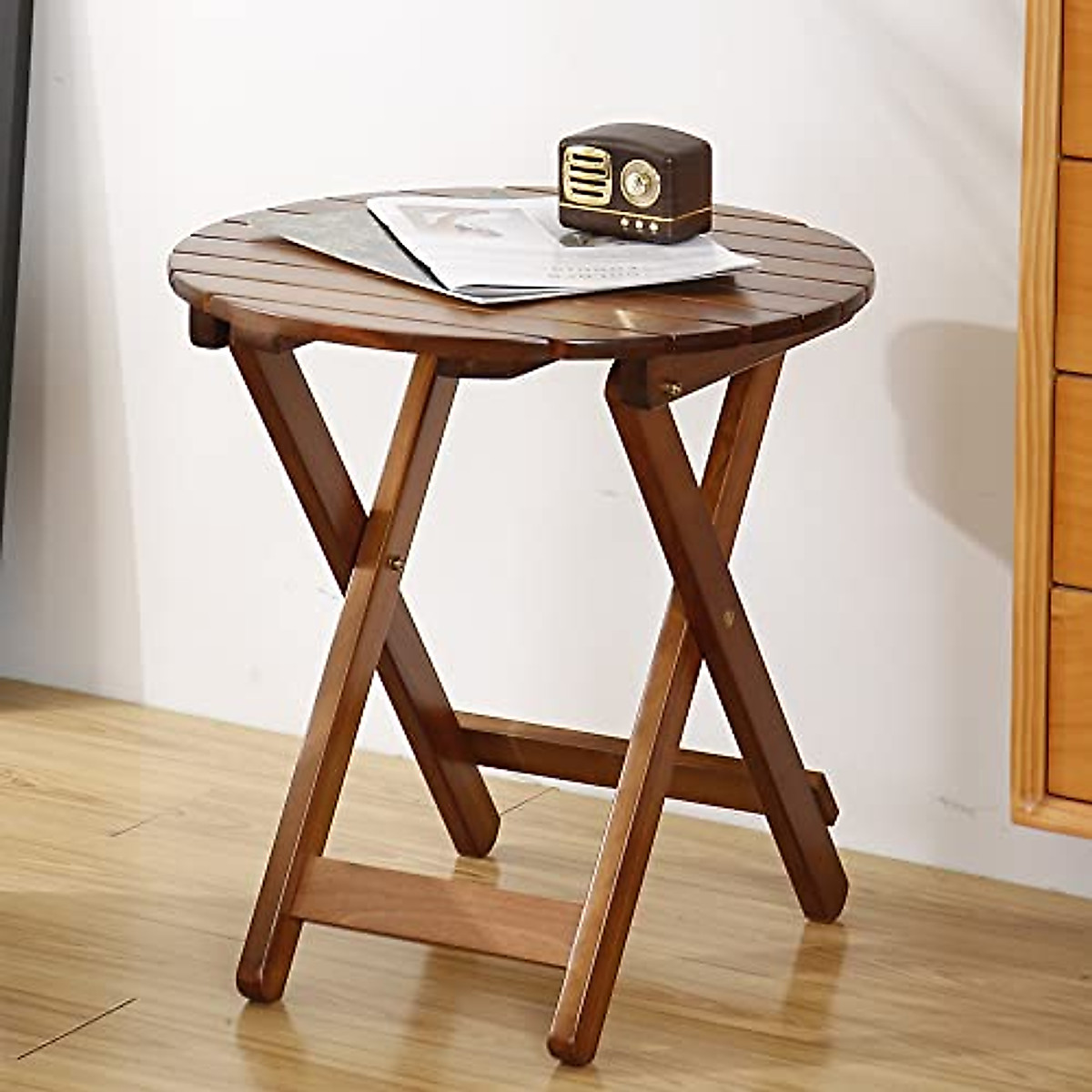 BplusZ Small Round Folding Side Table - Portable End Table for Outdoor Patio Use, Ideal as Coffee Table or Plant Stand, 19.1" D x 19.1" W x 19.85" H, Brown