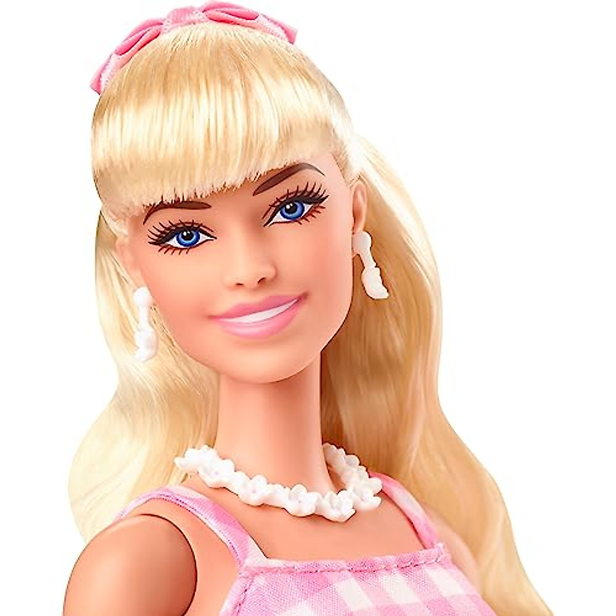 Barbie The Movie Doll, Margot Robbie as Barbie, Collectible Doll Wearing Pink and White Gingham Dress with Daisy Chain Necklace for 6 years and up