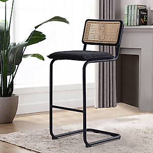 ONEVOG Boucle Rattan Bar Stools Set of 2, 29'' Bar Height Stools with Natural Cane Back, Solid Wood Frame Bar Chairs with Chrome Legs, Cantilevered Design Upholstered Stools, Black