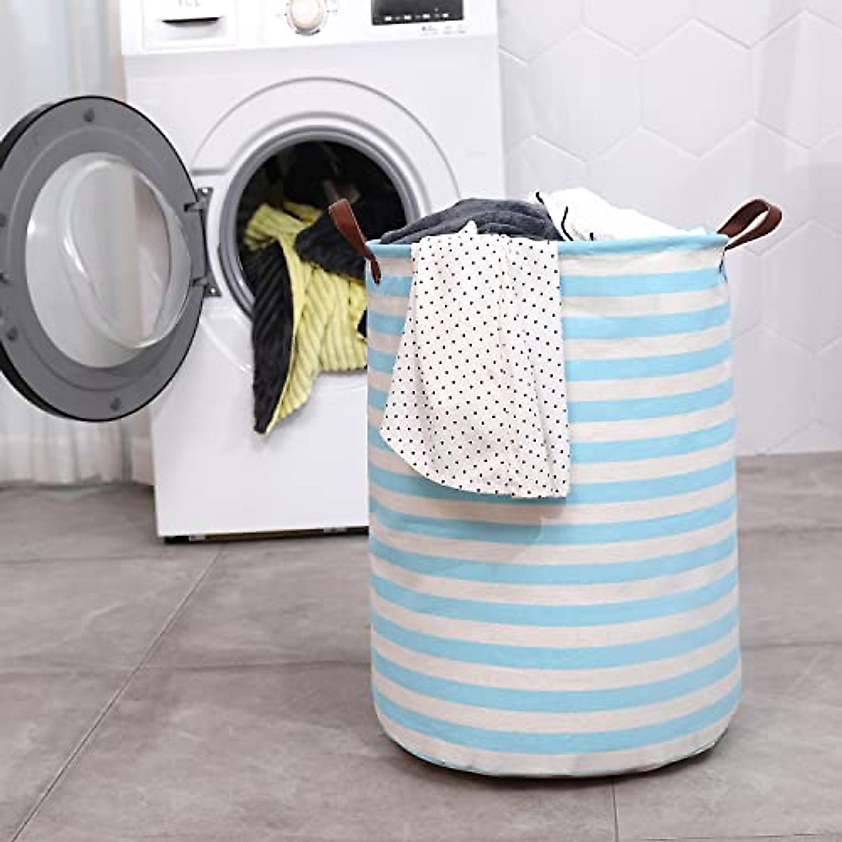 Yanzhi 2 Pcs Laundry Hamper With Leather Handles,20 inch Tall Large Collapsible Round Laundry Basket,Separator Clothes Hamper Basket Foldable Laundry Organizer for Clothes Storage(Blue tw)