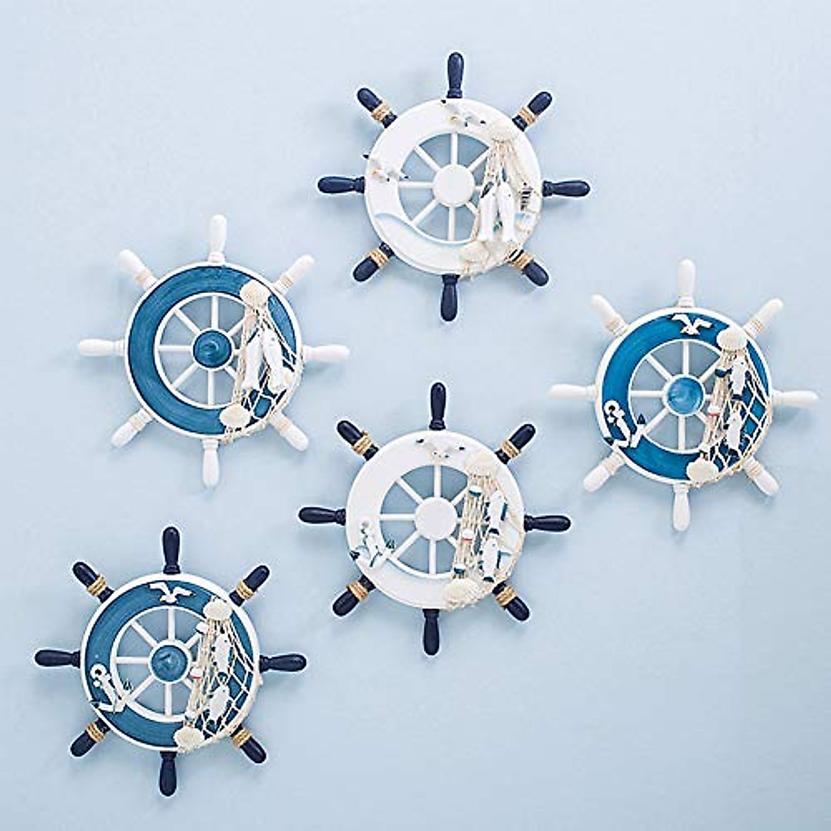 Hooshing Boat Steering Wheel Decor Wooden Mediterranean Style Crafts Rudder Wall Decoration Fishing Net for Wall Door Home Office White