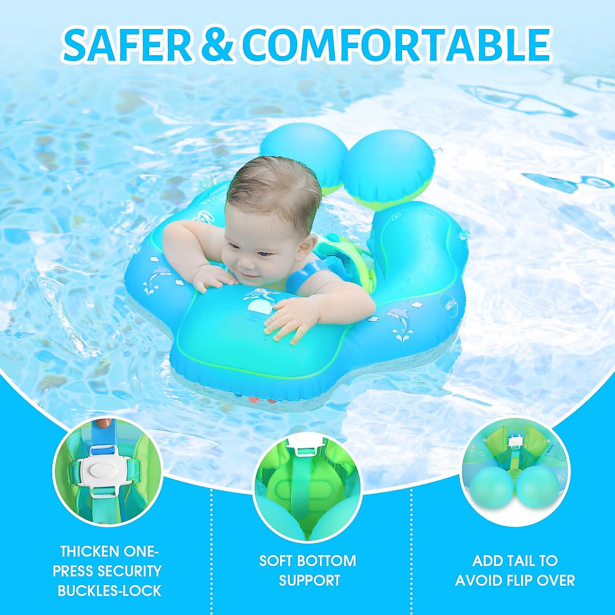LAYCOL Baby Swimming Pool Float with Removable UPF 50+ UV Sun Protection Canopy,Toddler Inflatable Pool Float for Age of 3-36 Months,Swimming Trainer (Blue, L)