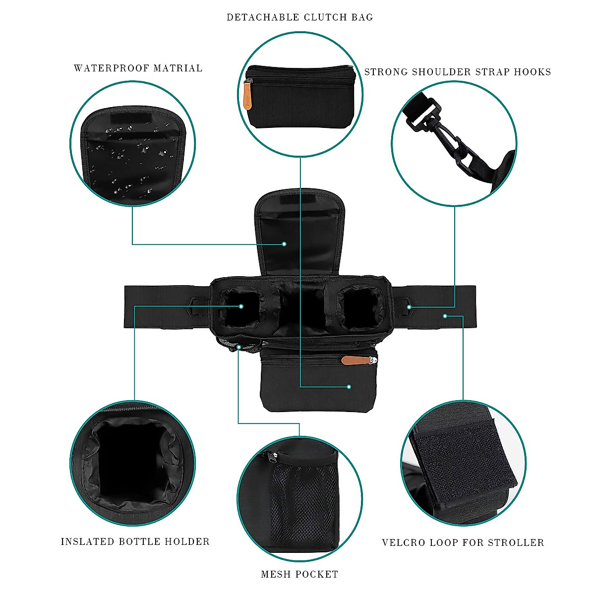 Universal Stroller Organizer with Insulated Cup Holders - Detachable Phone Bag & Adjustable Strap, Stroller Accessories for Carrying Diaper, iPhone, Toys & Snacks, Fits All Baby Stroller Models.