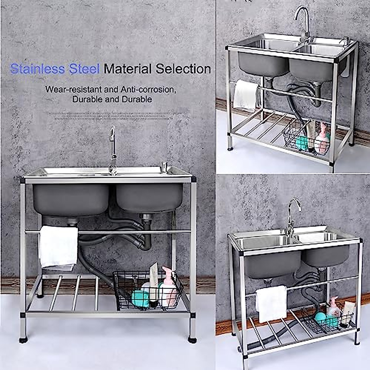 Outdoor Sink Station,Stainless Steel Utility Kitchen Sink,Garden Sink,Commercial Restaurant Sink,Farmhouse Sink,Portable Freestanding Double Bowls Sink,for Backyard,Garage,Laundry Room (Color : Hot+C