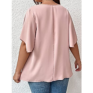 SOLY HUX Womens Plus Size Blouse Summer Tops V Neck Short Sleeve Casual Work Shirts Loose Flowy Blouses 2023 Solid Pink 3XL