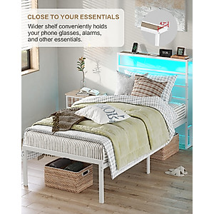 CollaredEagle Twin Size Bed Frame with Headboard, Metal Platform Bed Frame with Charging Station, Heavy Duty Platform Bed Frame with LED, Easy Assembly, White