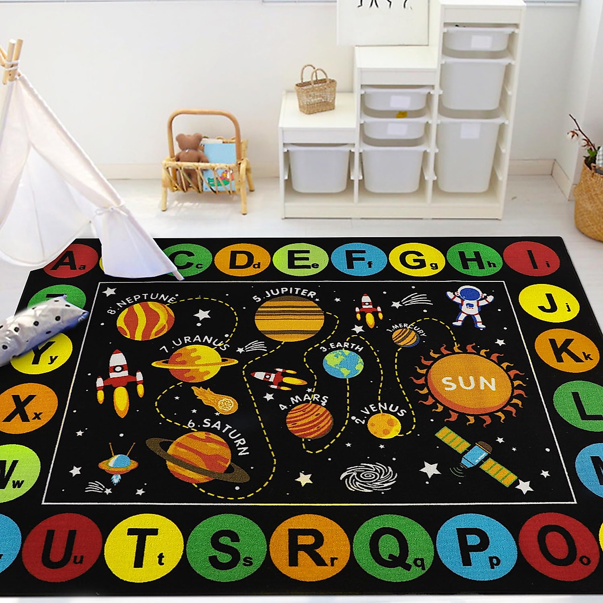 Capslpad Black Outer Space Kids Play Rug ABC Alphabet Kids Play Mat for Toddlers Non Slip Solar System Star Planets Nursery Rug for Baby Girl Boy Kids Carpet for Bedroom Playroom Nursery Decor,5'x6.6'