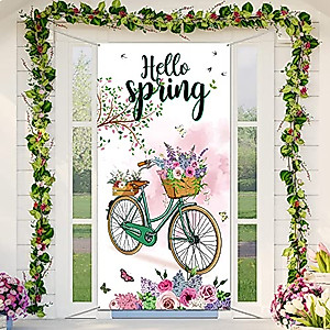 Hello Winter Welcome Porch Sign Door Cover Banner Winter Party Decoration Backdrop Floral Bike Banner Large Seasonal Door Banner Background Door Cover, 70.8 x 35 Inch (Spring Style)