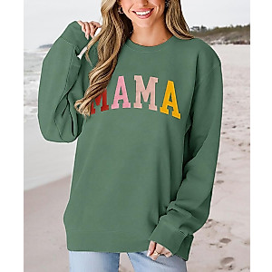 KEKEMI Mama Sweatshirt For Women Crewneck Mama Letter Print Pullover Tops Long Sleeve Mom Life Shirts Casual MAMA Graphic Top（Green-05,Small