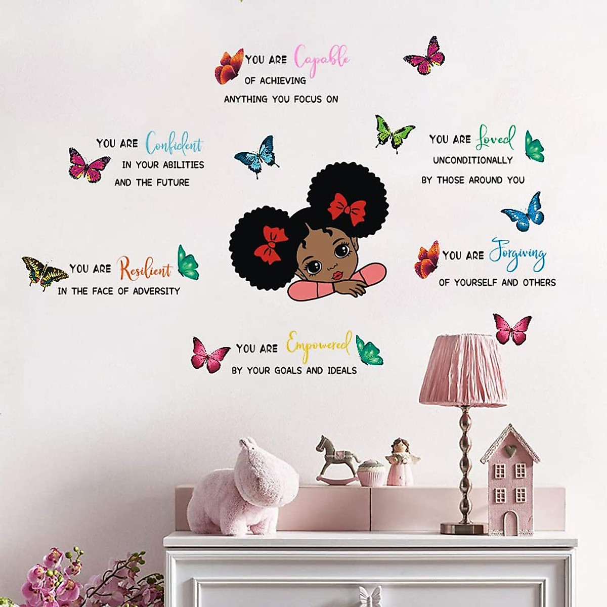 Black Girl Magic You Are Capable Confident Butterfly Inspirational Quotes Wall Decals, Pink Room Deor Motivational Saying African American Wall Sticker for Nursery Living Room Woman Bedroom Wall Decor