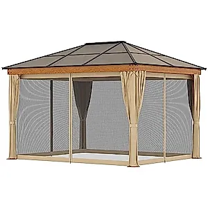 Outsunny 10' x 12' Hardtop Gazebo Canopy with Polycarbonate Roof, Aluminum Frame, Permanent Pavilion Outdoor Gazebo with Netting, for Patio, Garden, Backyard, Deck, Lawn, Khaki