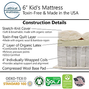 Ethical Mattress CO 6" Kid’s Mattress, Toxin-Free, Made in The USA with Organic Cotton, Wool, Latex & Pocketed Coils (Mattress-in-a-Box); Perfect for bunk beds, trundles & Platform beds - Full Size